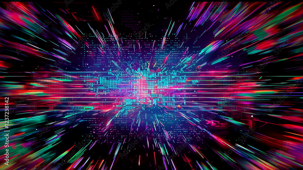 Retro 8-bit arcade style, colorful static noise, sharp flickering ...