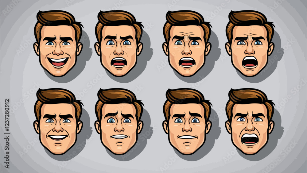 Young man face expression, set of cartoon vector illustrations isolated ...