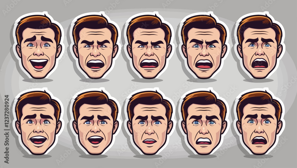 Young man face expression, set of cartoon vector illustrations isolated ...