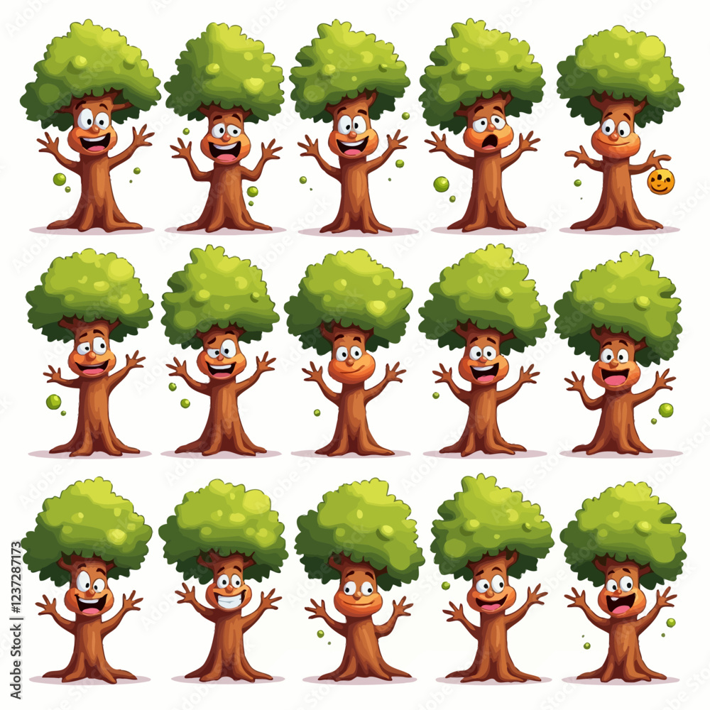 Set of funny funny comic tree characters showing various emotions ...