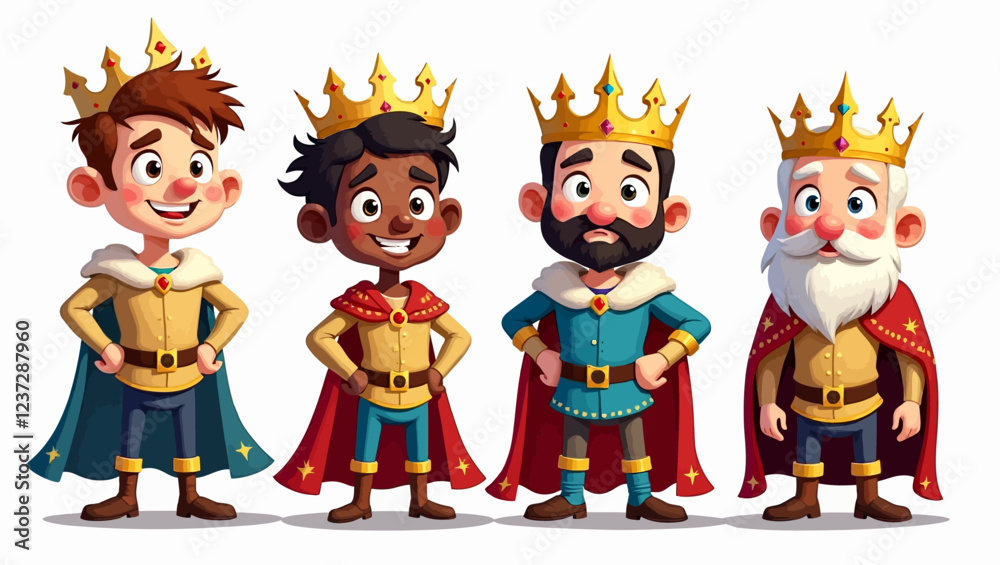 Set of different kings wearing crowns and mantles, cartoon vector ...