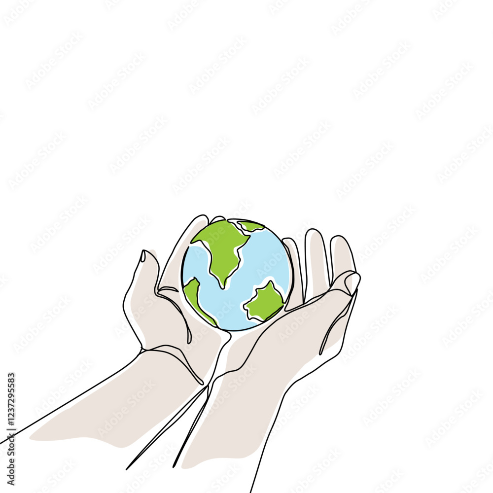Continuous one line art drawing hands hold Earth globe. Save and ...