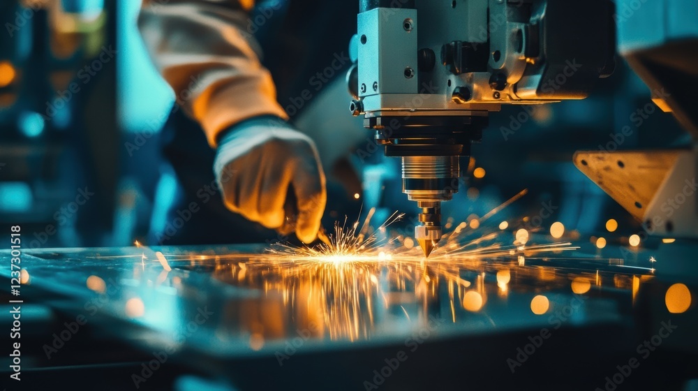 Modern industrial laser cutter engraving a metal sheet, sending sparks ...