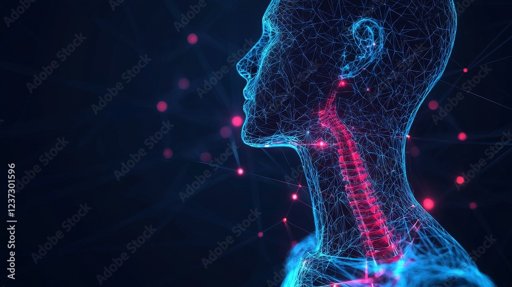High-detail diagram of a human neck in a futuristic holographic ...