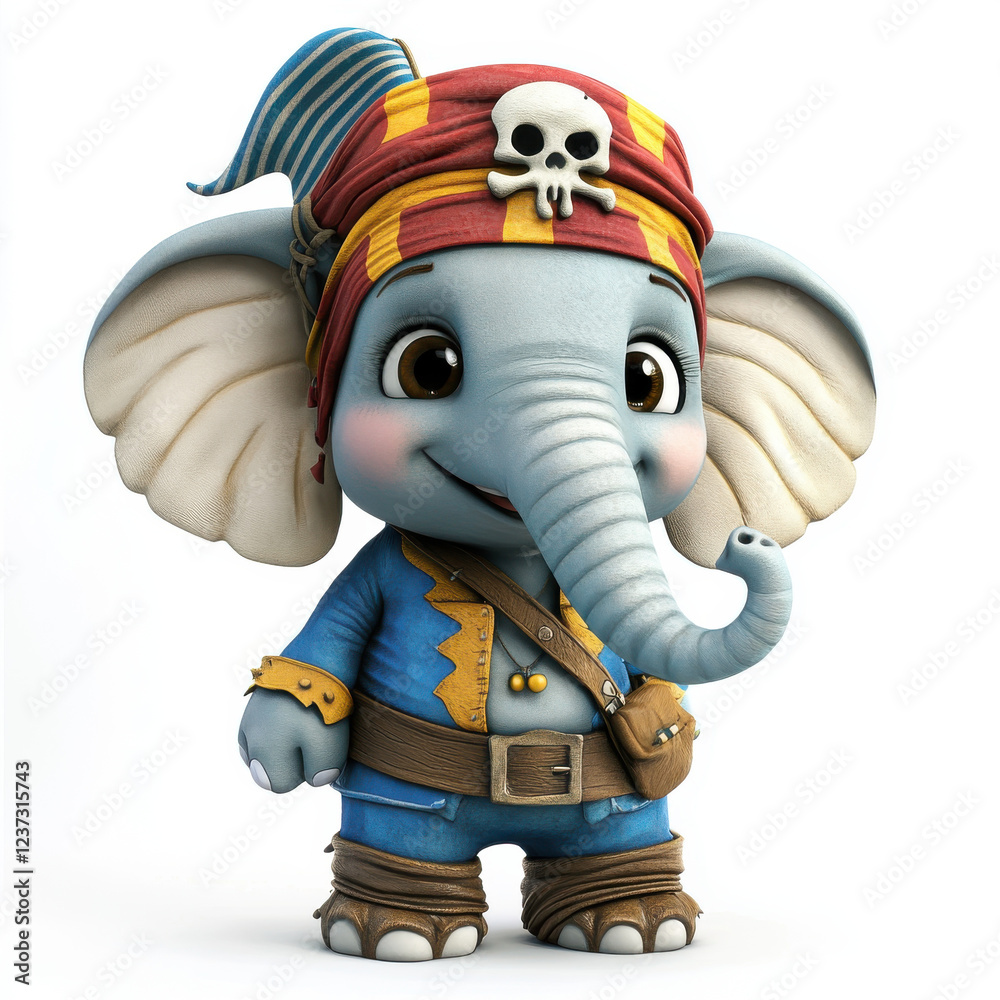 Cute cartoon elephant dressed as pirate, wearing bandana and eye patch ...