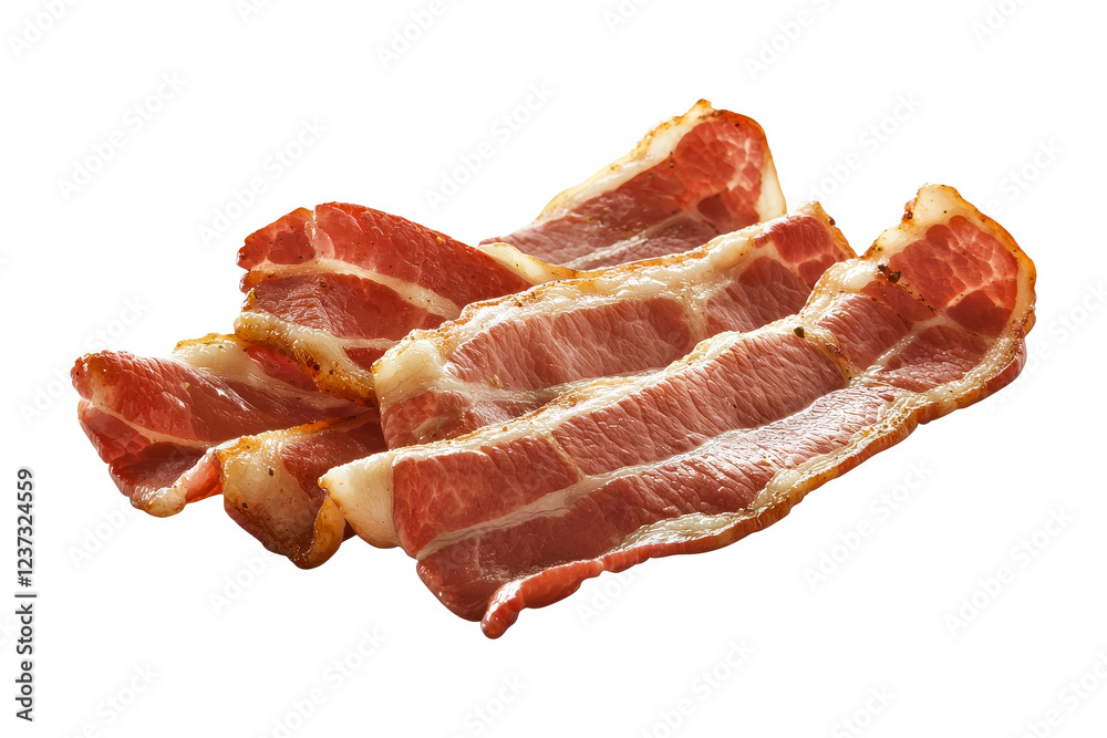 Four crispy bacon strips in different angles isolated on transparent ...