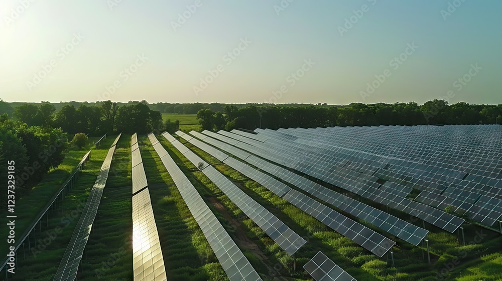 energy saving, global warming Solar energy farm. High angle, elevated ...