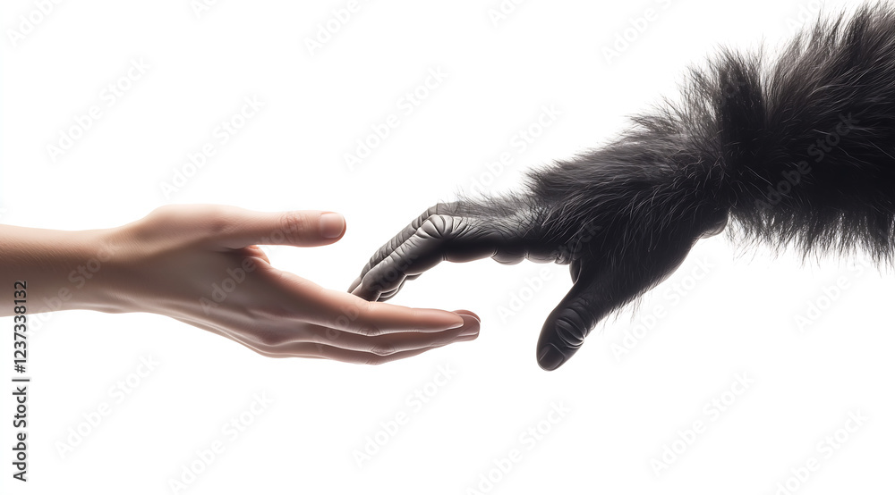 Human and gorilla hands reaching towards each other, symbolic ...