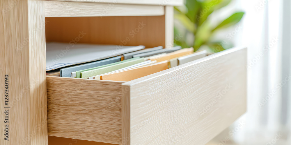 Pull out cabinet drawer with organized documents folders, concept ...