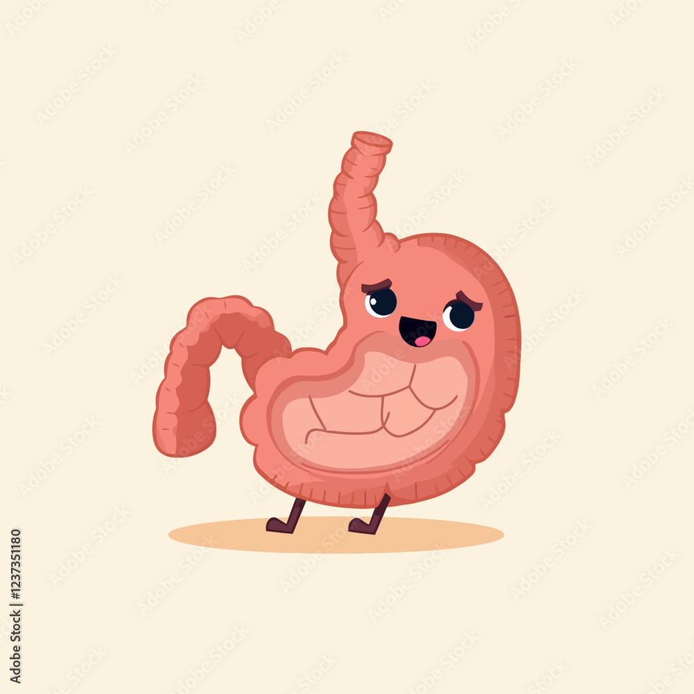 Cute and funny, smiling healthy stomach and bowel, intestine character ...