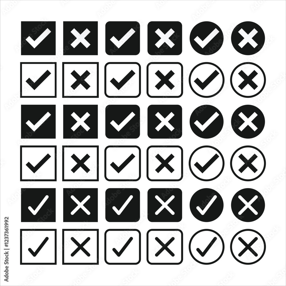 Vector de Stock Doodle check marks in circle and square frame. Brush stroke tick and wrong cross ...