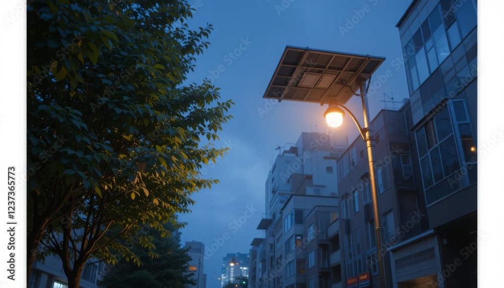 Urban street scene at twilight showcasing solar street lamp, modern ...