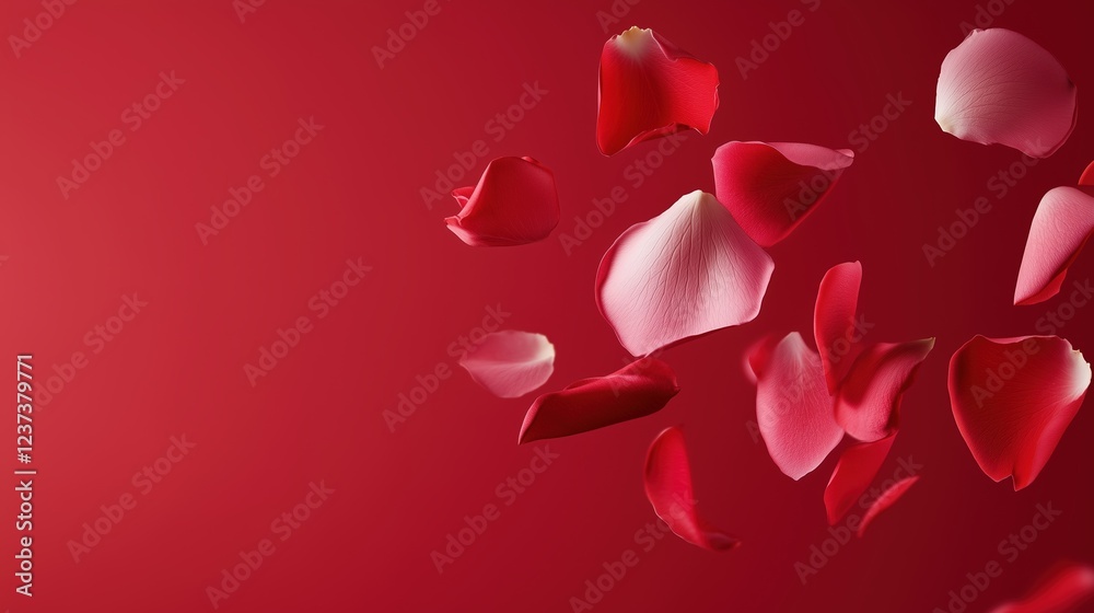 Rose petals falling on red background: romantic and passionate ...
