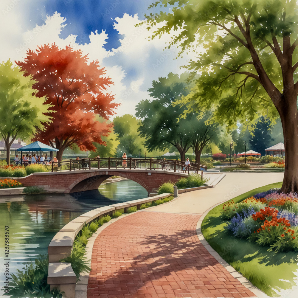 watercolor Illustrate the scenic Riverwalk in Naperville, featuring its ...