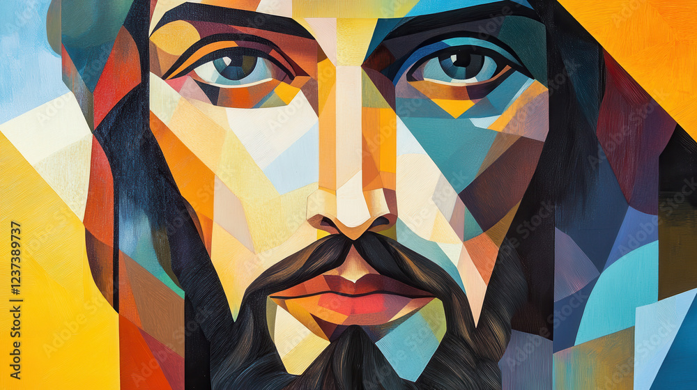 Abstract geometric cubist portrait of Jesus Christ with deep blue eyes ...
