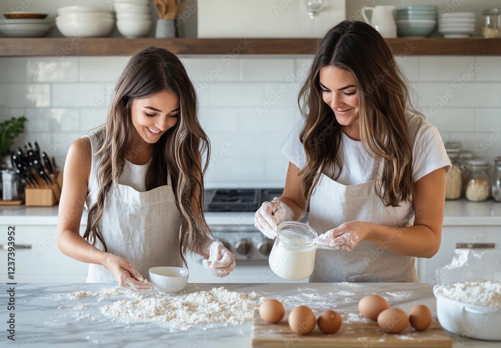 Two young women baking together in a modern kitchen, showcasing ...