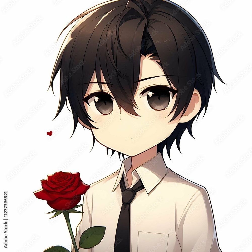 Chibi Kuudere Boy with a Single Rose Stock Illustration | Adobe Stock