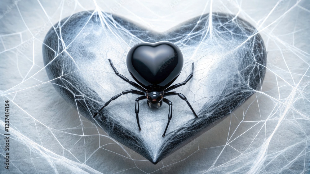Surreal black heart spider; gothic, macabre fantasy imagery. White ...
