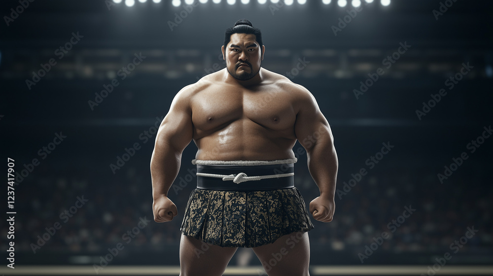 Sumo Wrestler in Arena: A powerful Sumo wrestler stands defiantly in a ...