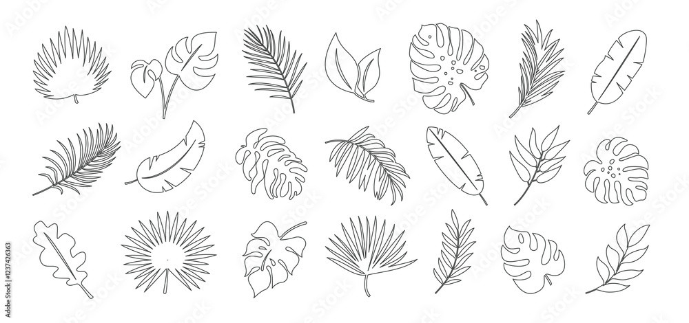 Tropical leaves outline clipart set. Tropical leaves clip art in hand ...
