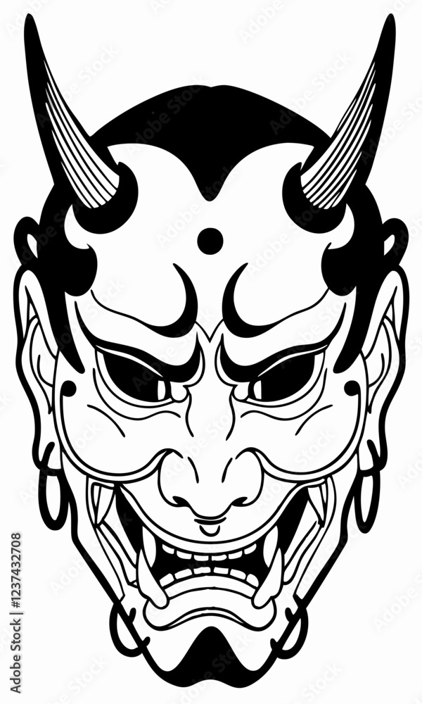 Intricate Japanese Oni Mask Illustration, Traditional Demon Mask with ...