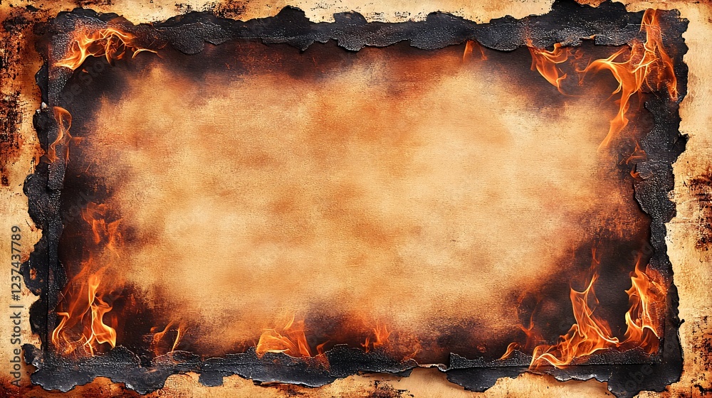 Burning parchment frame, blank center, fire background, design template ...