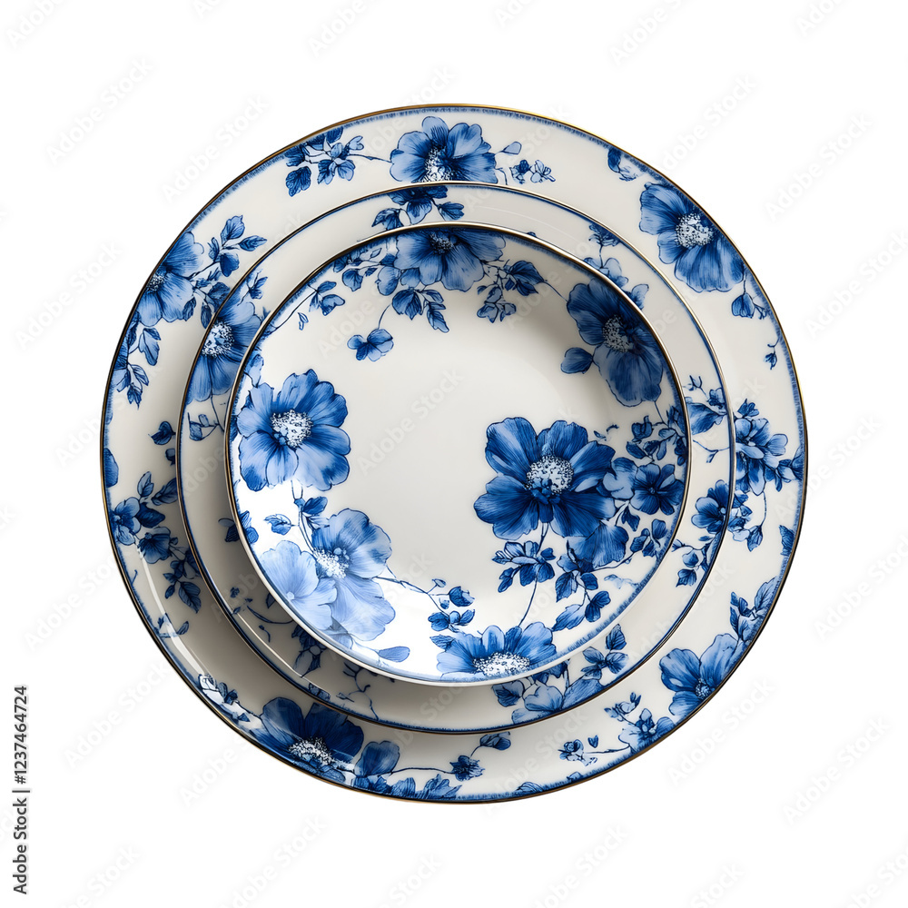 Porcelain Dinnerware Set with Blue Floral Patterns Plate Isolated on ...