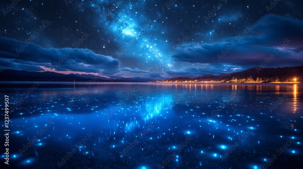 Glowing Bioluminescent Algae Lighting Up Calm Water at Night, Natural ...