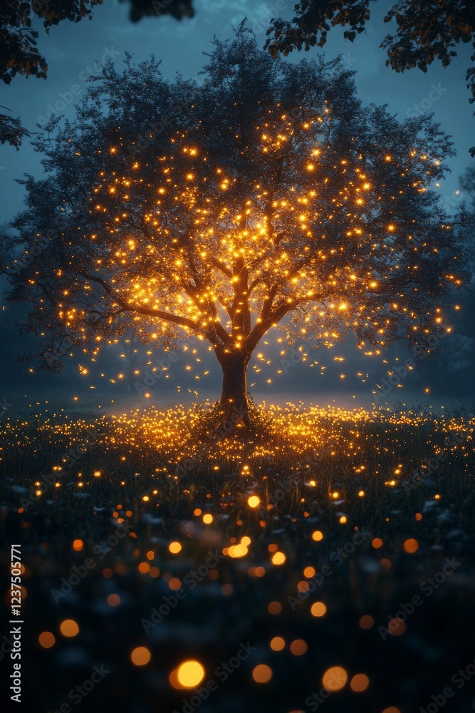 Enchanting Firefly Dance Around Solitary Tree in Tranquil Nature Scene Under Starlit Sky Stock ...