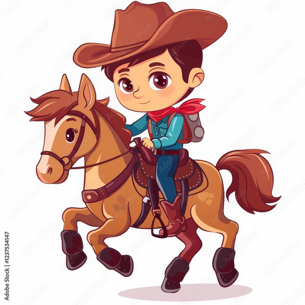 Cartoon Cowboy Kid Riding Horse Wild West Rodeo Western Theme ...