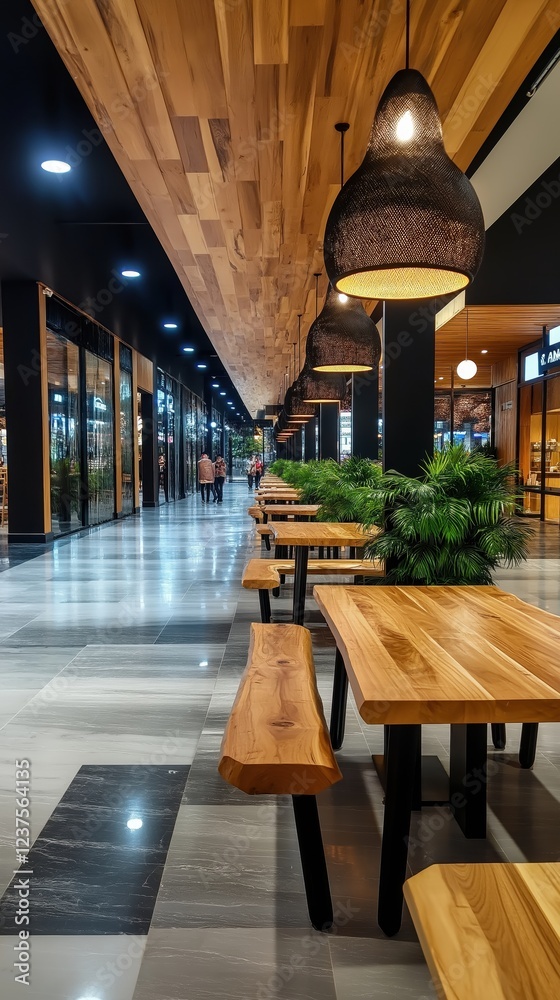 Dining experience at modern mall indoor seating contemporary style calm ...