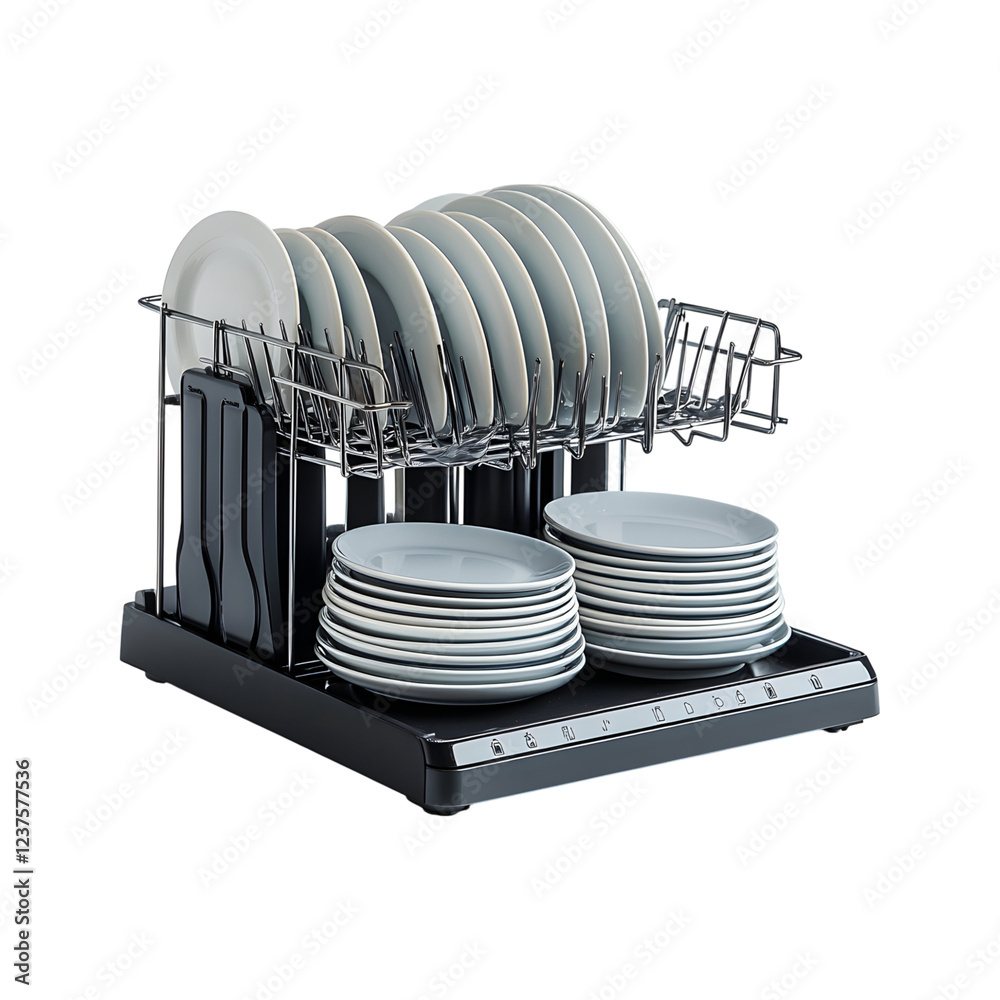Compact Dish Rack with Extendable Arms Holding Plates and Cups Isolated ...