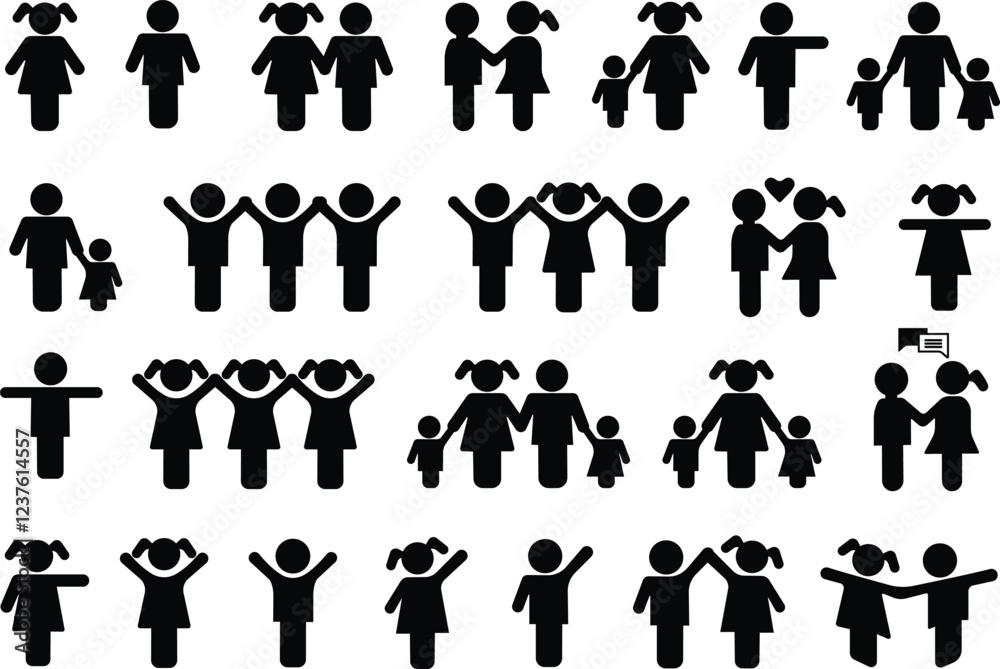 Kids or children icon in flat set. Boy and girl symbols two children ...