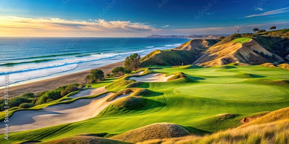 Rolling green fairway with towering sand dunes and vast ocean view in ...