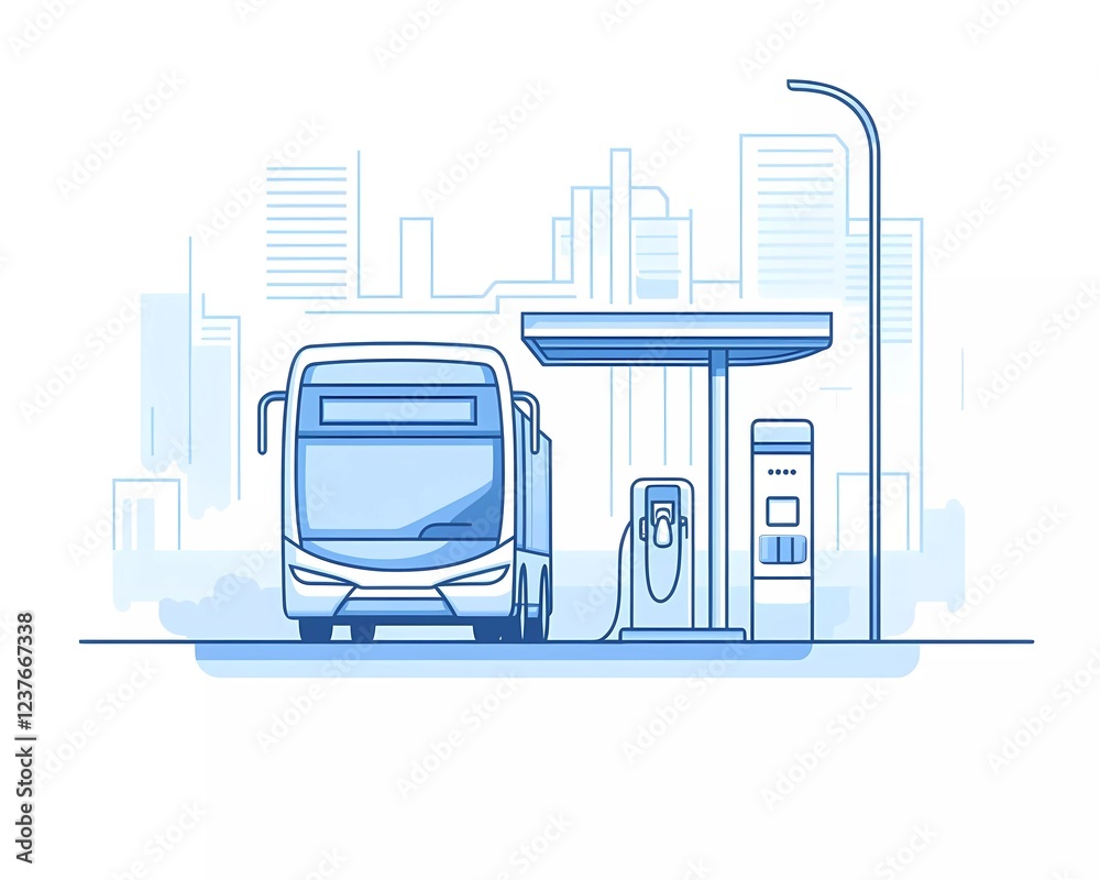 A simple, flat line drawing illustration of an electric bus charging ...