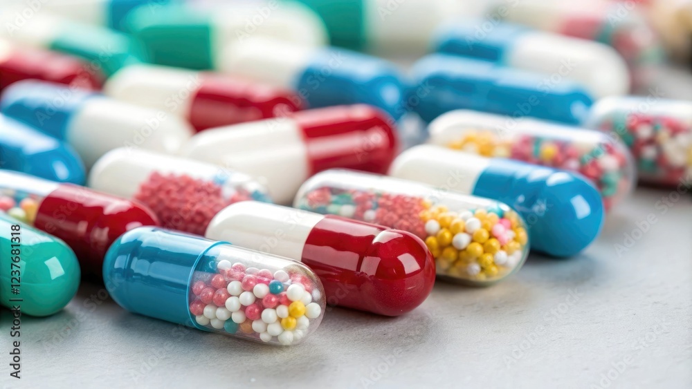 Macro shot of antimicrobial capsule pills with intricate details and ...