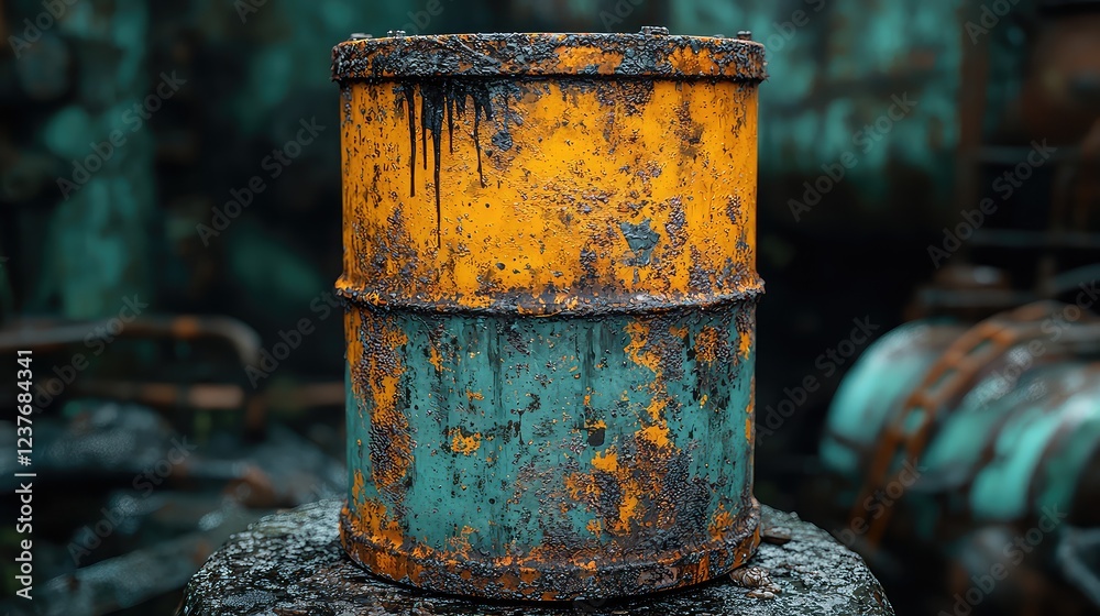 Rusted, weathered, oil barrel, standing on a stone surface, with drips ...