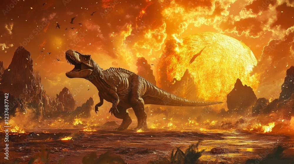 Tyrannosaurus Rex Roars in a Fiery Apocalyptic Landscape Stock Photo ...