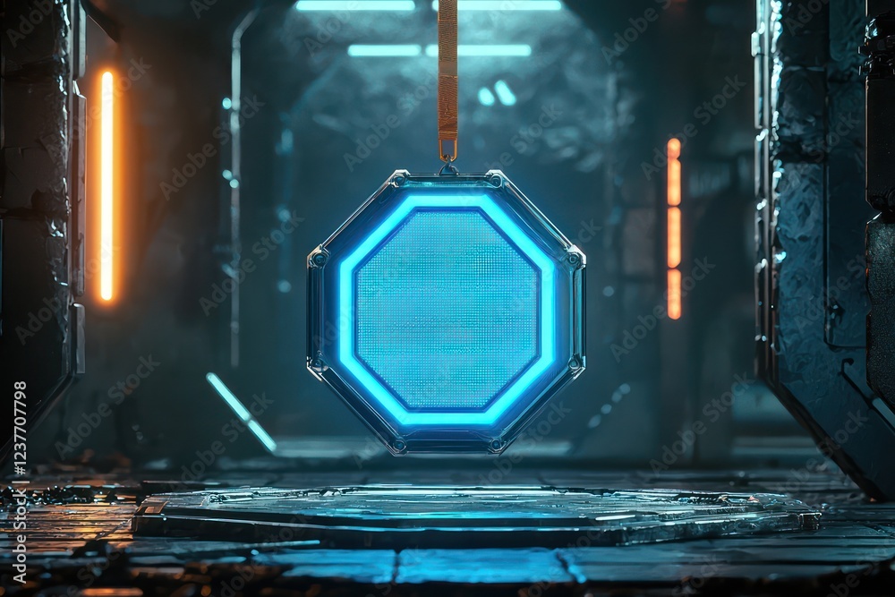 Bold glowing outlines on a hexagonal neon blue stage highlight a ...