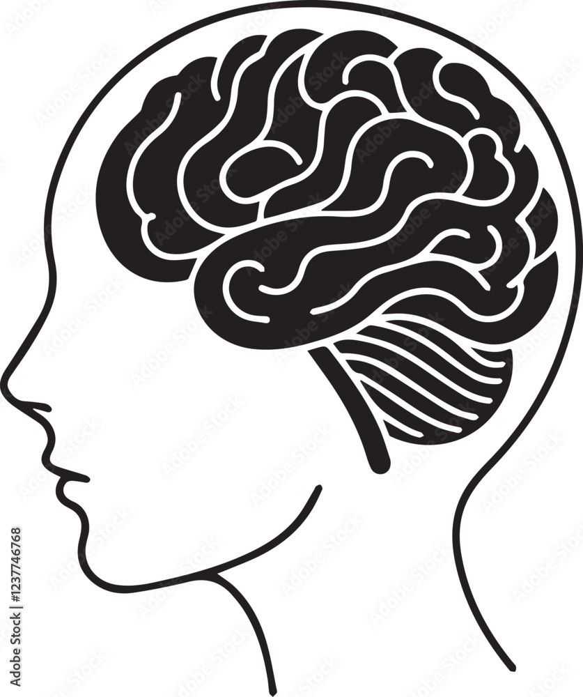 line drawing of a human head. The head is facing towards the left side ...
