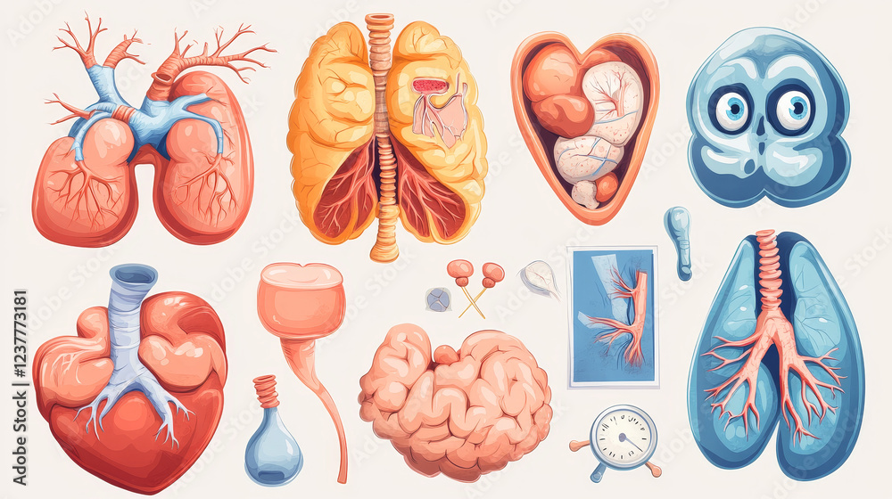 Ilustración de Stock Sick body organ characters. Injured and unhealthy ...