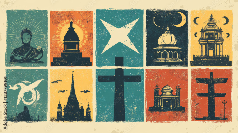 Religions of world, religious symbols and posters, vector retro ...
