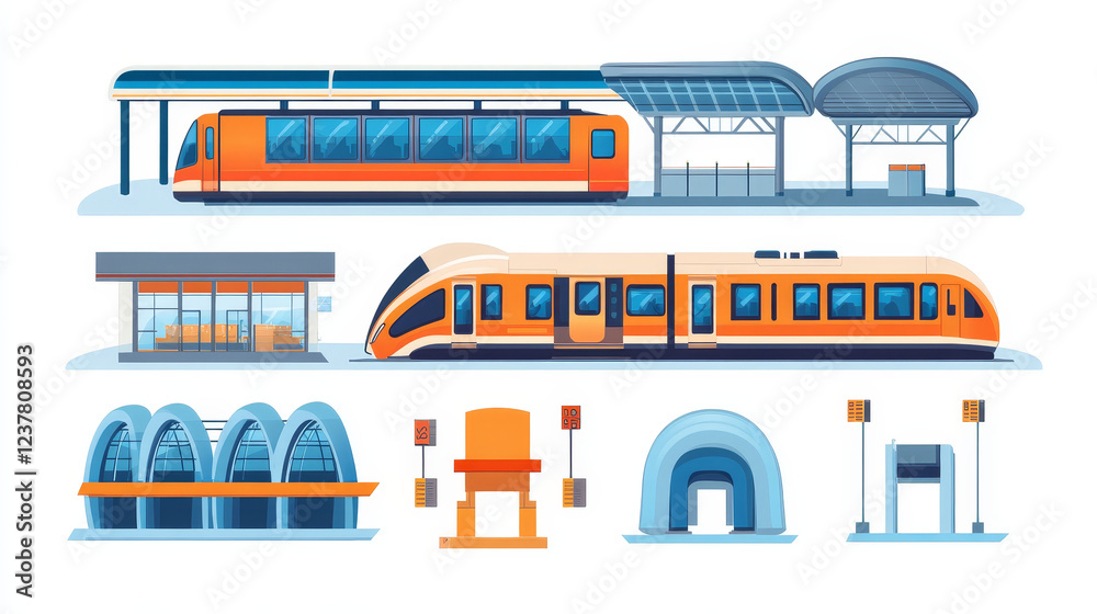 Railway station building vector icons with trains, track platforms and ...