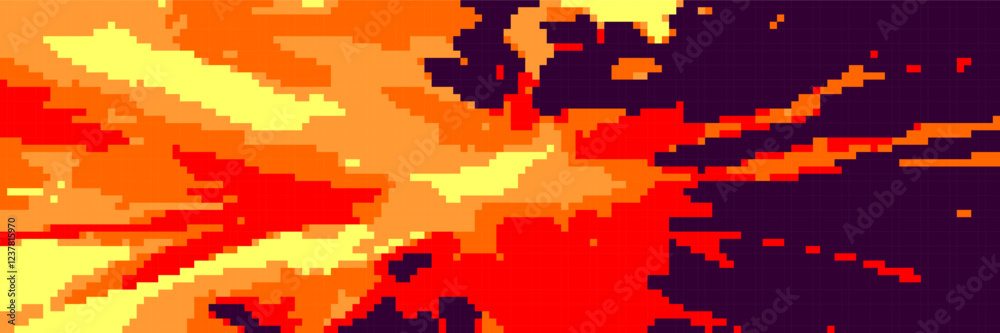 Pixel explosion vector bg in purple, red and yellow colors of fire ...