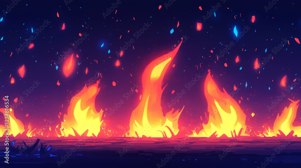 Pixel art fire, game animation of blue and red flames, vector 8 bit ...