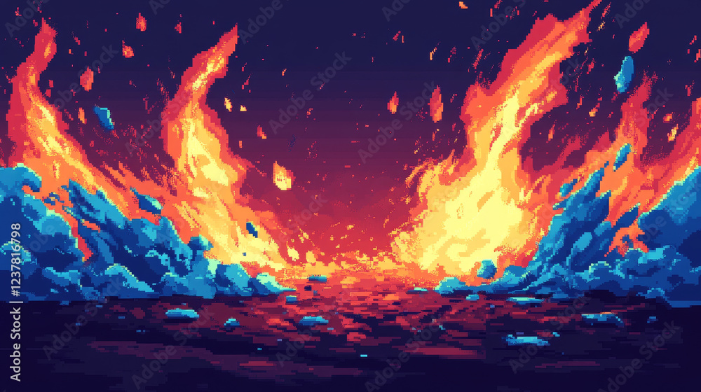Pixel art fire, game animation of blue and red flames, vector 8 bit ...