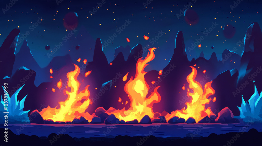 Stock-Illustration „Pixel art fire, game animation of blue and red ...
