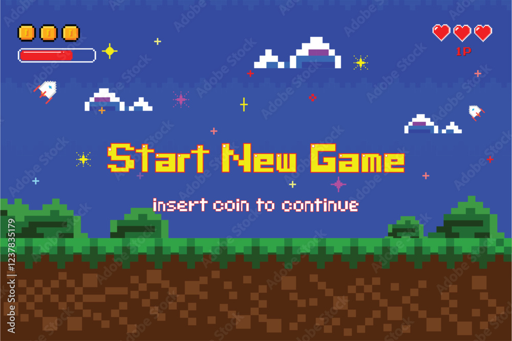 Start new game. pixel game background, natural landscape with blue sky ...
