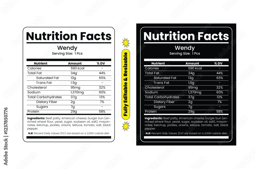 Wendy’s nutrition chart. Nutrition facts label and nutritional value of ...