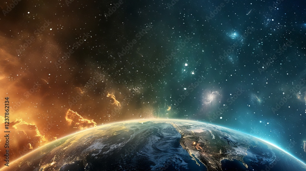 Vast 360-degree space background featuring a glowing nebula with young ...